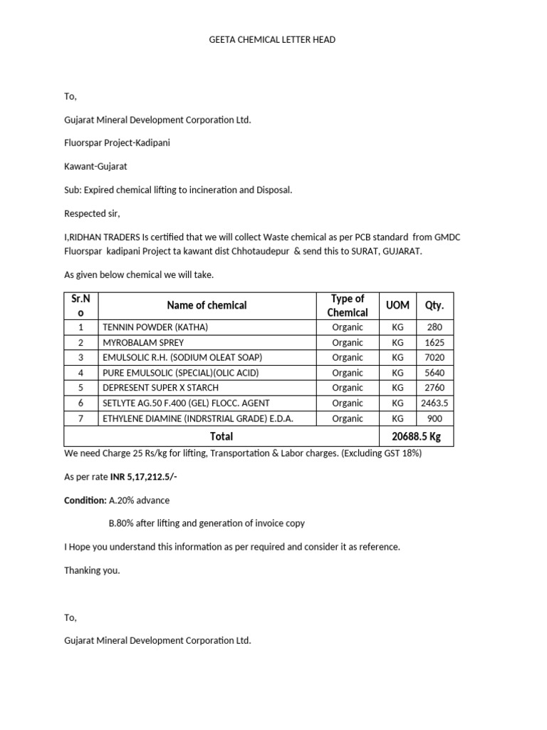 SR.N o Name of Chemical Type of Chemical UOM Qty.: INR 5,17,212.5 ...