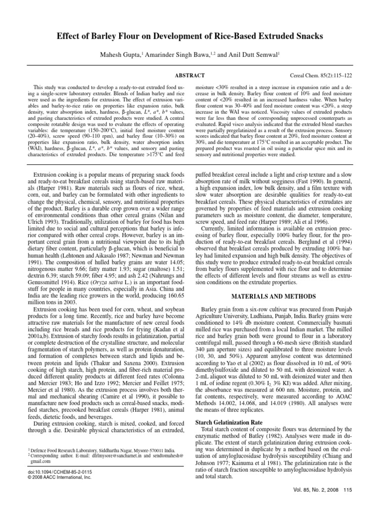 Barley-Rice Extruded Snack Development | PDF | Cereals | Extrusion