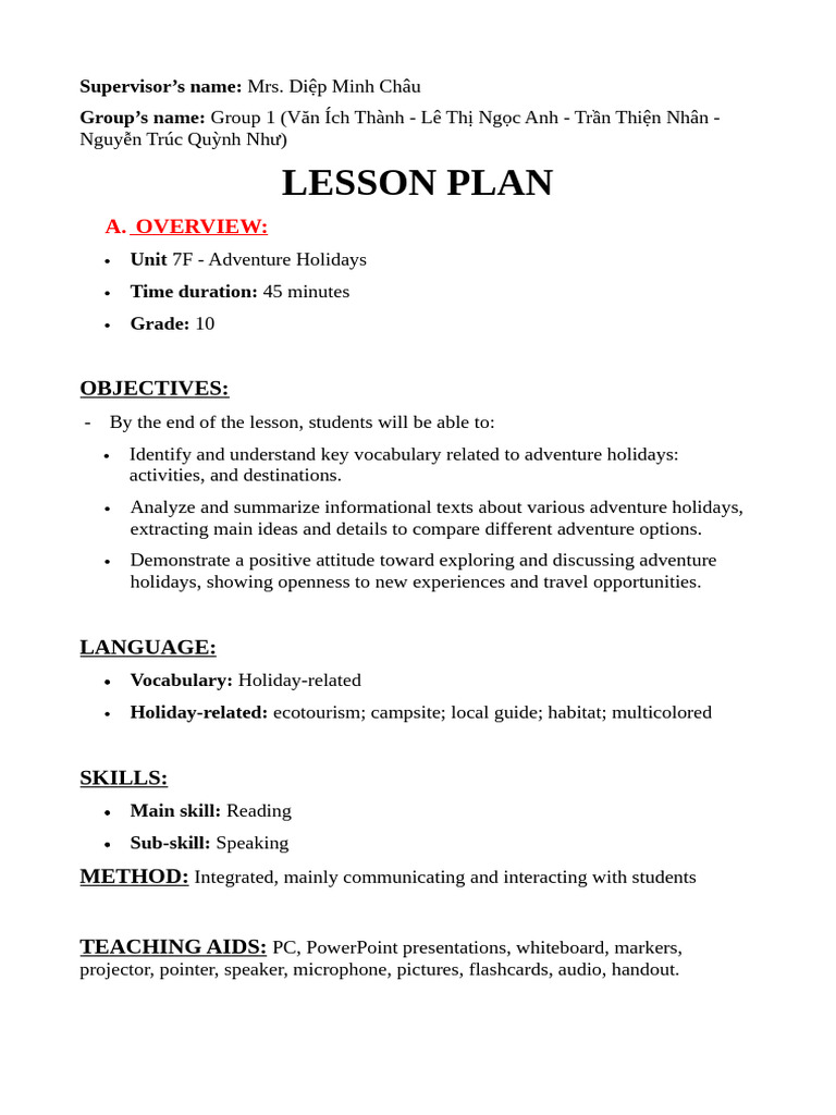 Group 1 - Reading - Unit 7F - Adventure Holidays | PDF | Reading ...