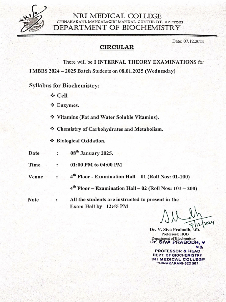 I MBBS 24-25 Batch I Internal Biochemistry Theory Exam Circular | PDF