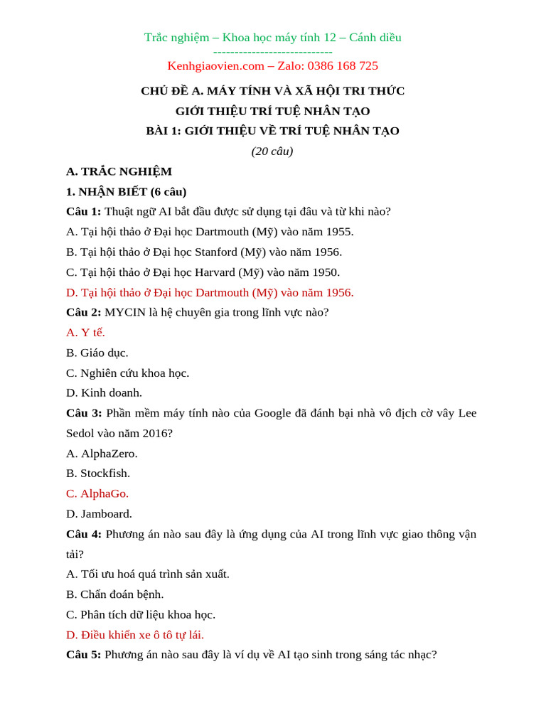 TN Tin12 KHMT Cda Bai 1 Gioi Thieu Tri Tue Nhan Tao | PDF