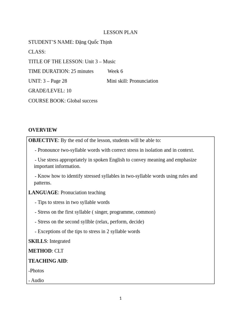 Lesson Plan Pronunciation | PDF | Stress (Linguistics) | Word