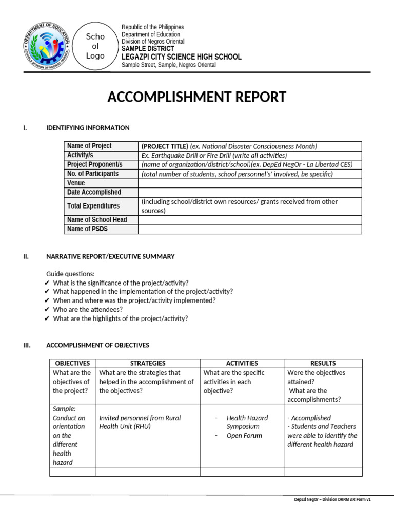 DepEd Accomplishment Report Template | PDF