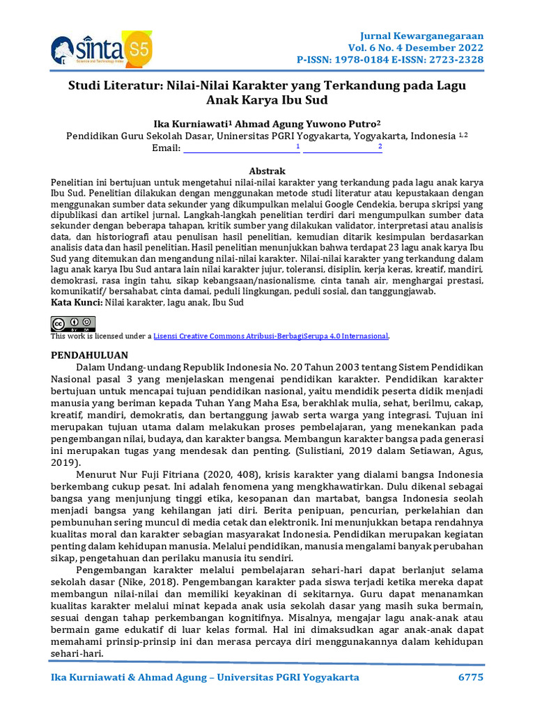 022,+Studi+Literatur;+Nilai-Nilai+Karakter+yang+Terkandung+pada+Lagu+Anak+Karya+Ibu+Sud - Copy | PDF