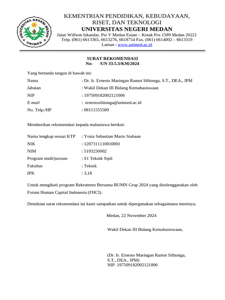 Contoh Surat Rekomendasi | PDF