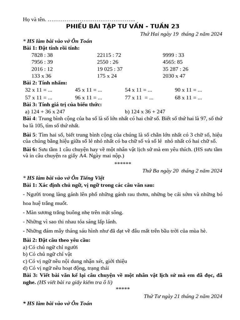 Phieu BT Tu Van Tuan 23 | PDF