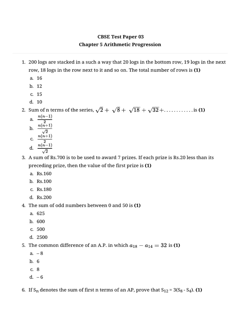 Arithmetic Progression Sample Paper 3 | PDF | Mathematical Analysis | Mathematical Concepts