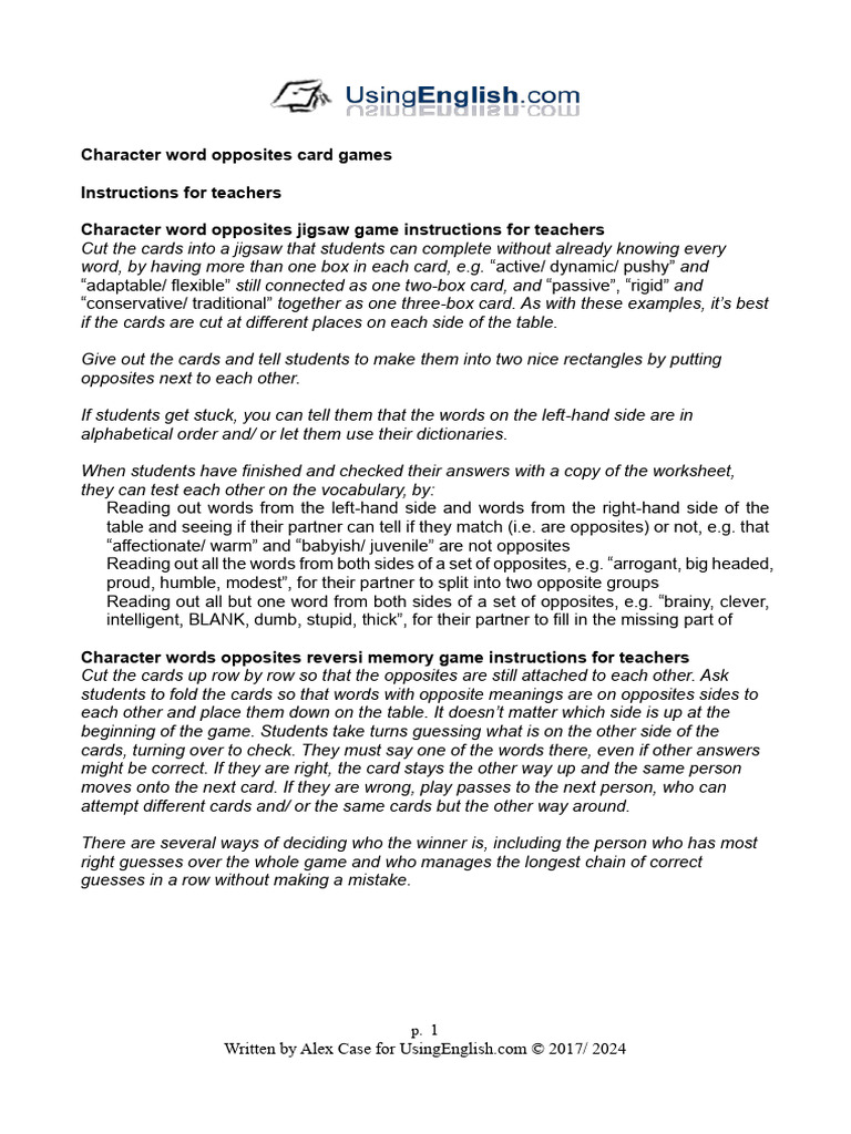 Character Word Opposites Games Guide | PDF