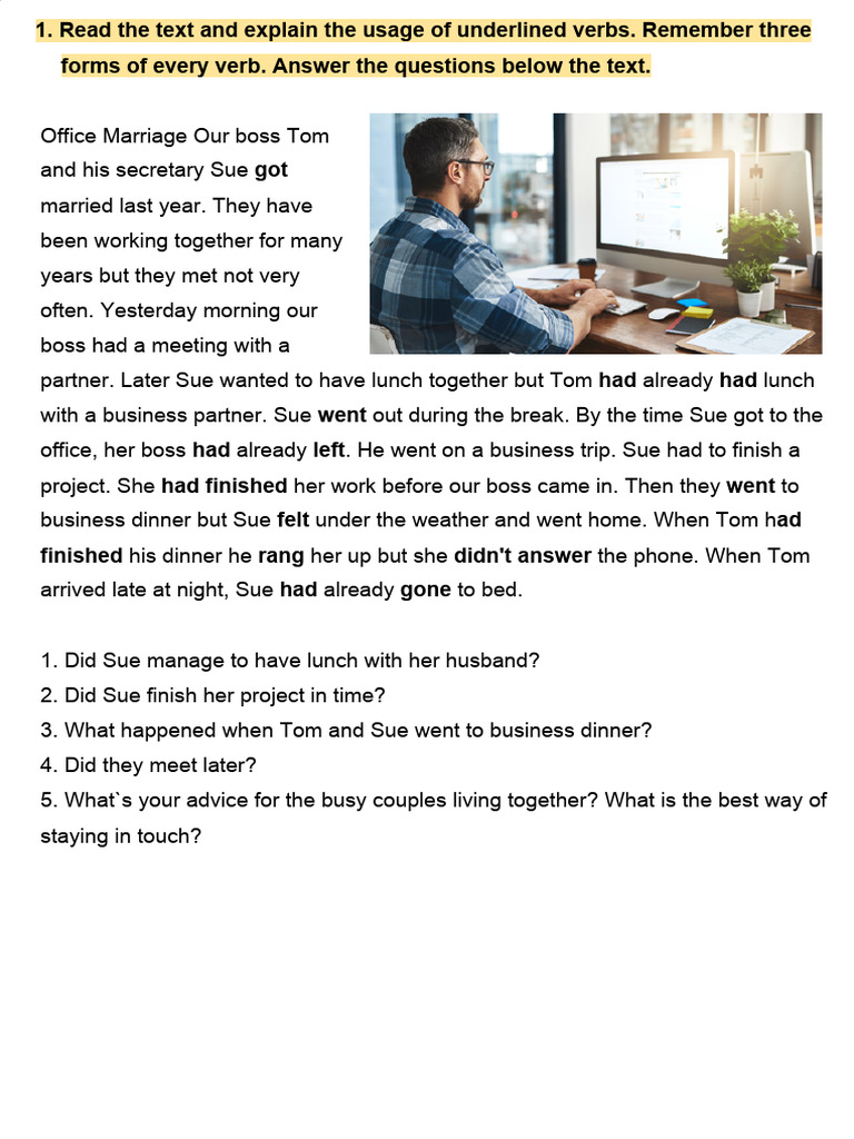 Past Perfect Usage in Office Context | PDF | Language Mechanics | Grammar