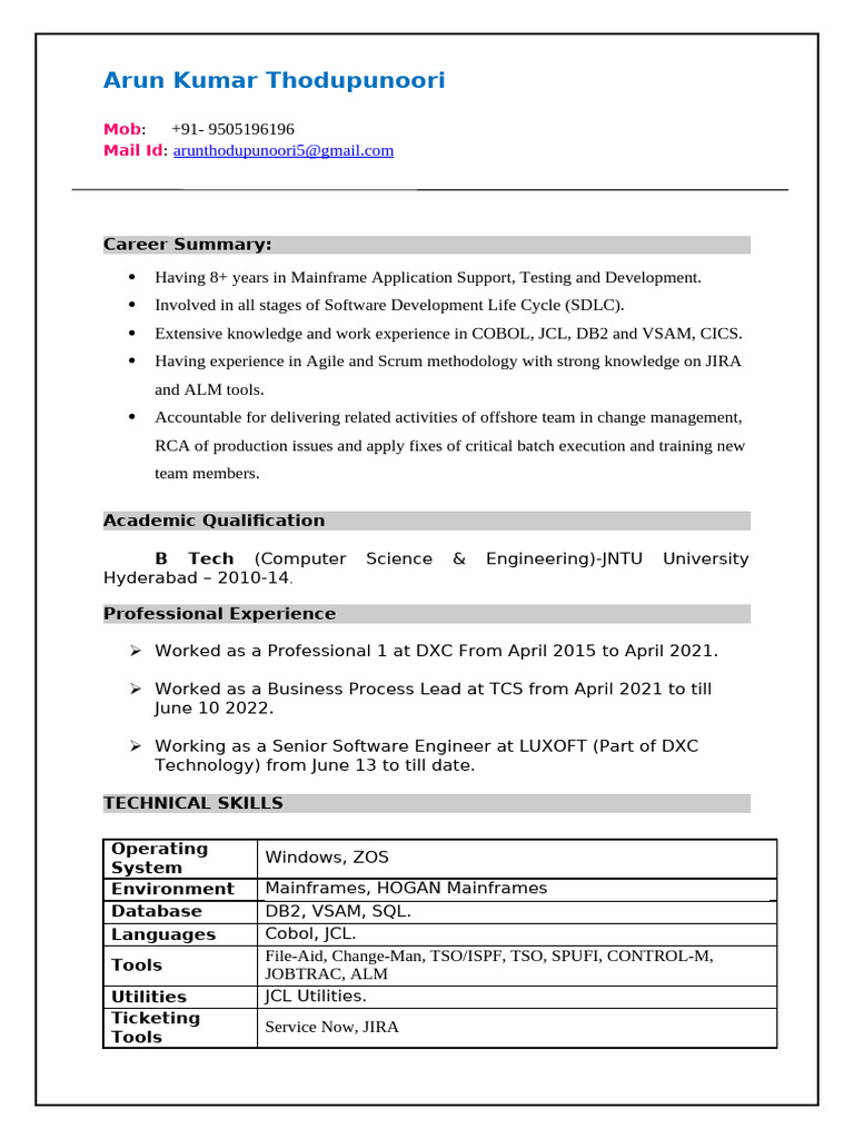Mainframe Application Support Resume | PDF | Ibm Db2 | Software ...