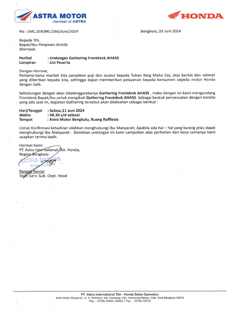 260 - Undangan Gathering Frontdesk AHASS | PDF