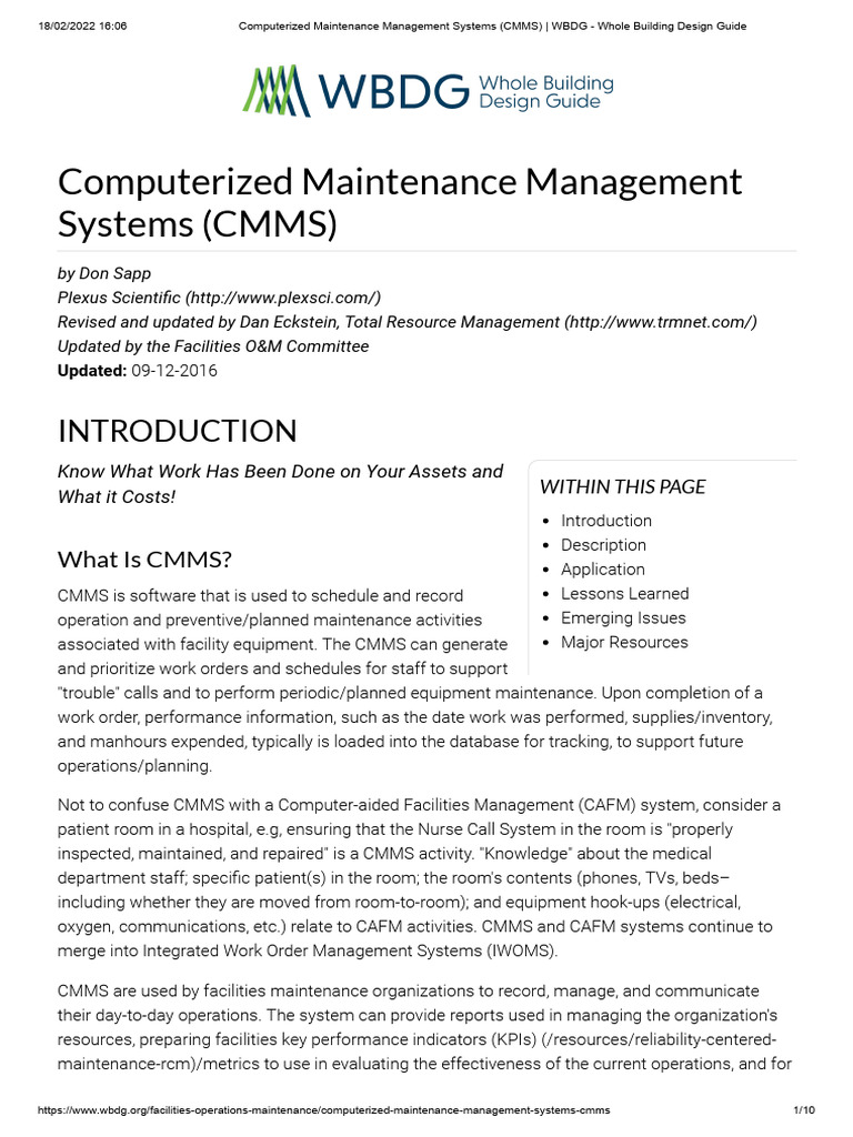Computerized Maintenance Management Systems (CMMS) _ WBDG - Whole Building Design Guide | PDF ...