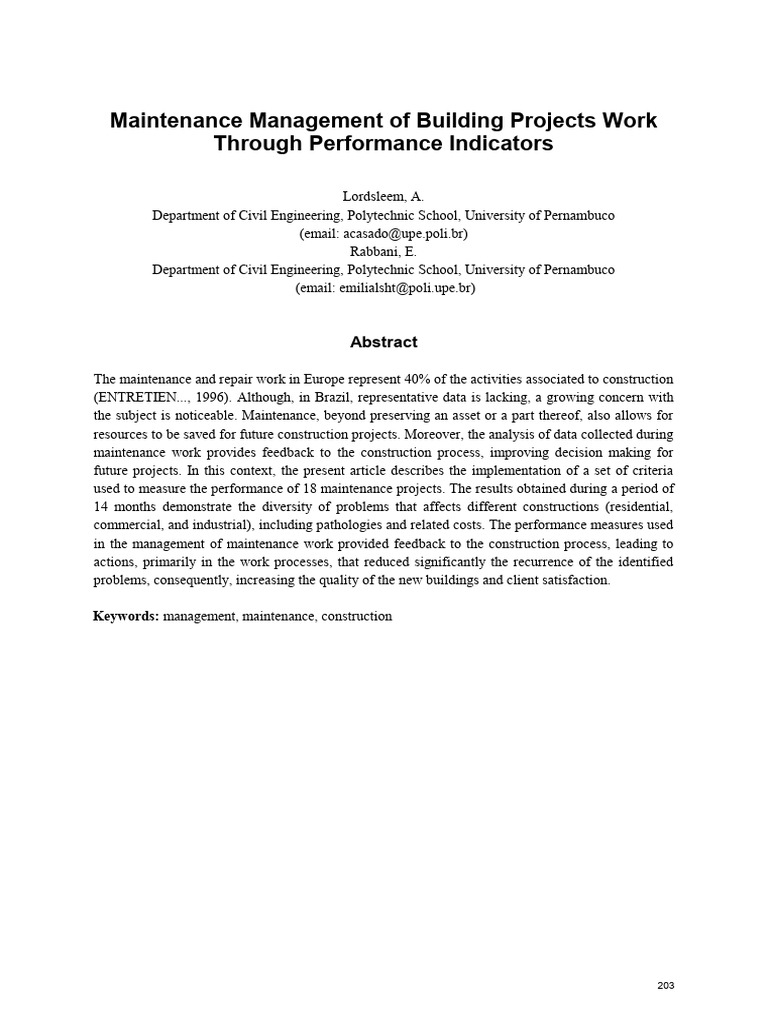 Performance Indicators in Building Maintenance | PDF | Performance ...