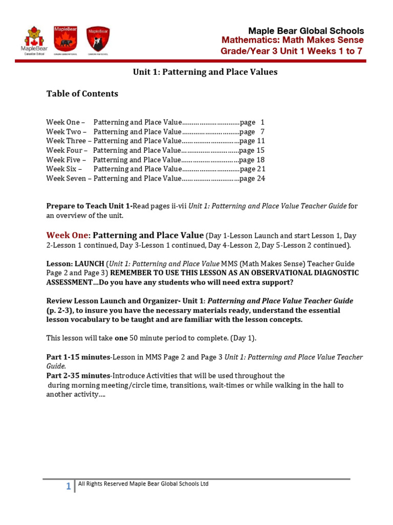 Mathematics - Grade - Year 3 - Unit 01 - Math Makes Sense - Patterning and Place Value - July ...