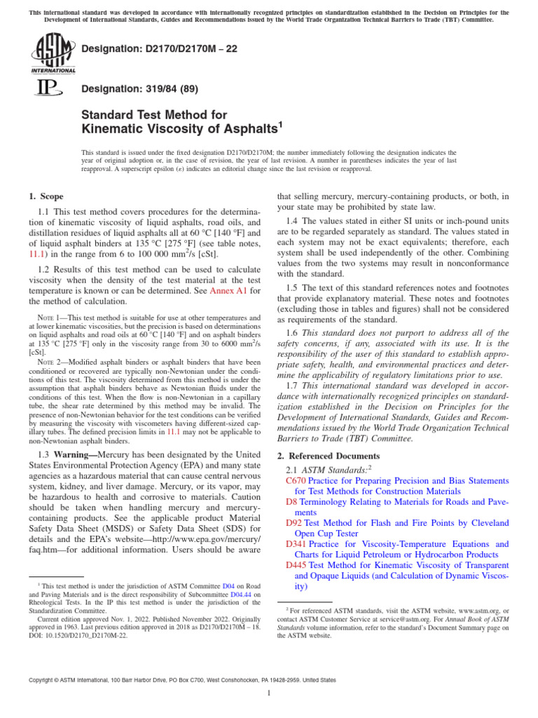 D2170 - D2170M-22 - Kinematic Viscosity | PDF | Viscosity | Thermometer
