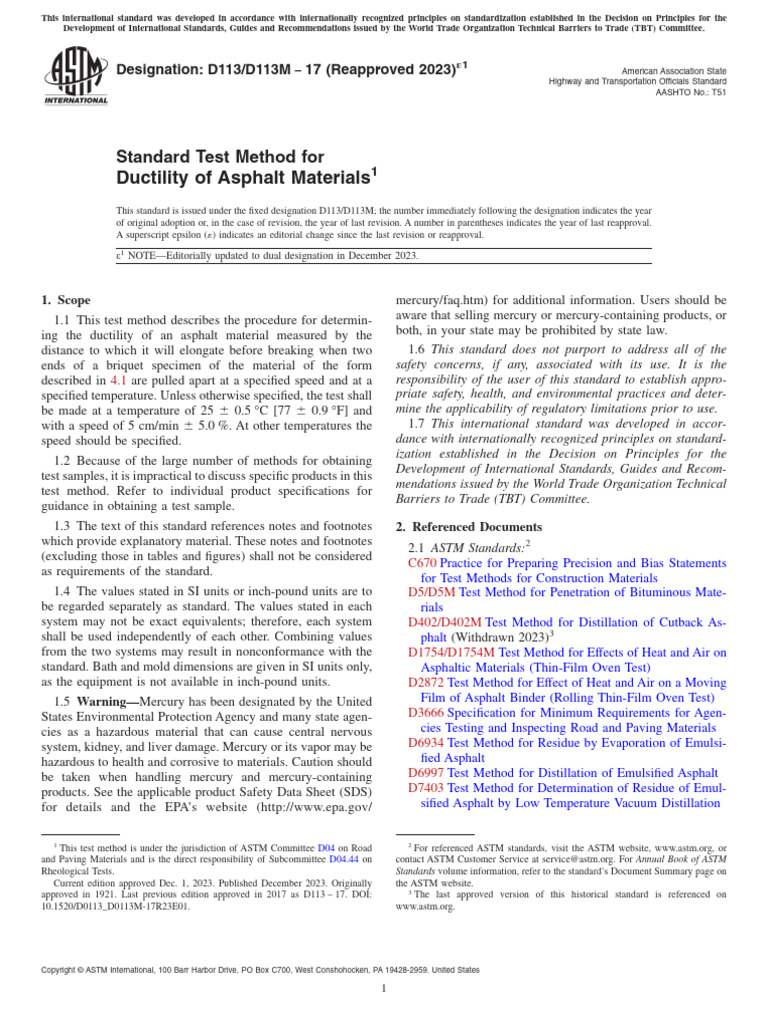 D113 D113M-17 (2023) E1 Ductility | PDF | Thermometer | Fracture