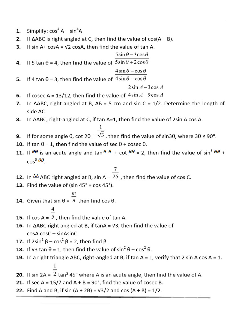 Practice Questions Trigonometry Class X | PDF | Trigonometric Functions | Trigonometry