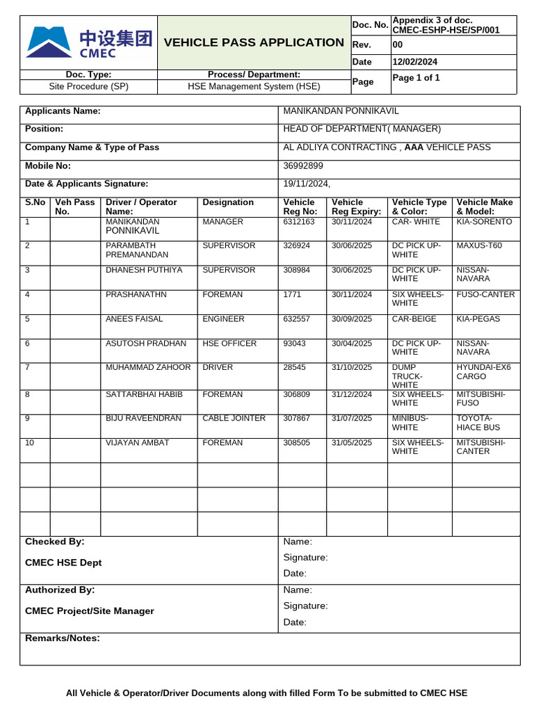 CMEC-ESHP-HSE-SP-001 Appendix 3 Vehicle Pass Application | PDF ...