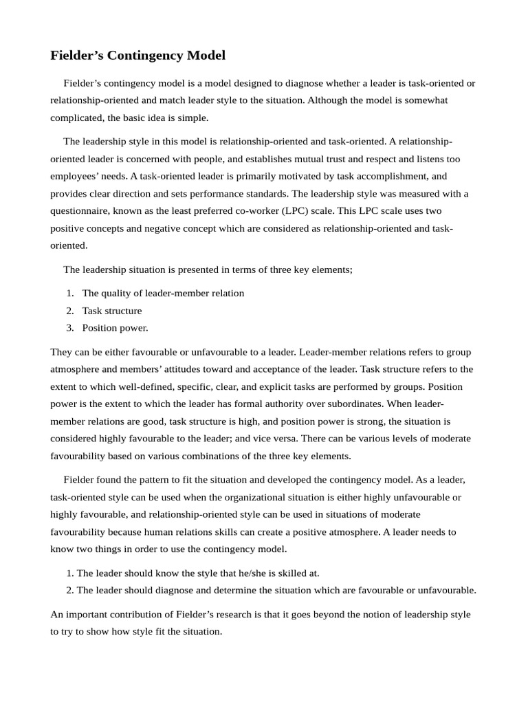 Fielder's Contingency Model | PDF