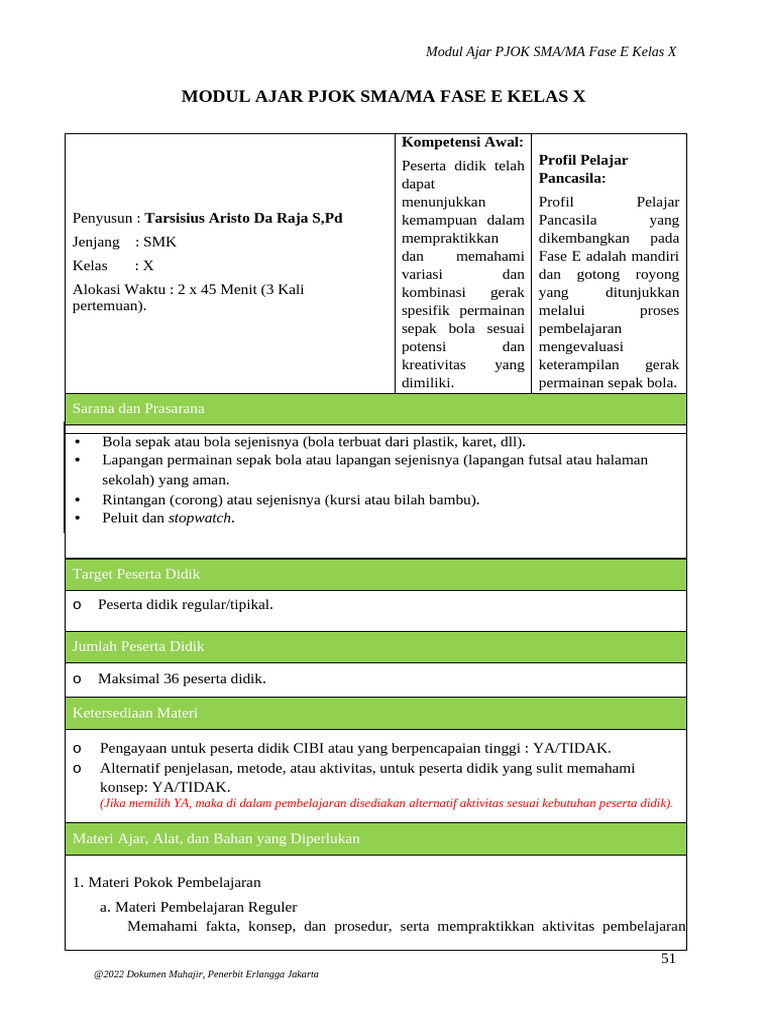 02 Modul Ajar Permainan Sepak Bola - Sma X - 08!05!2022 - Oke | PDF