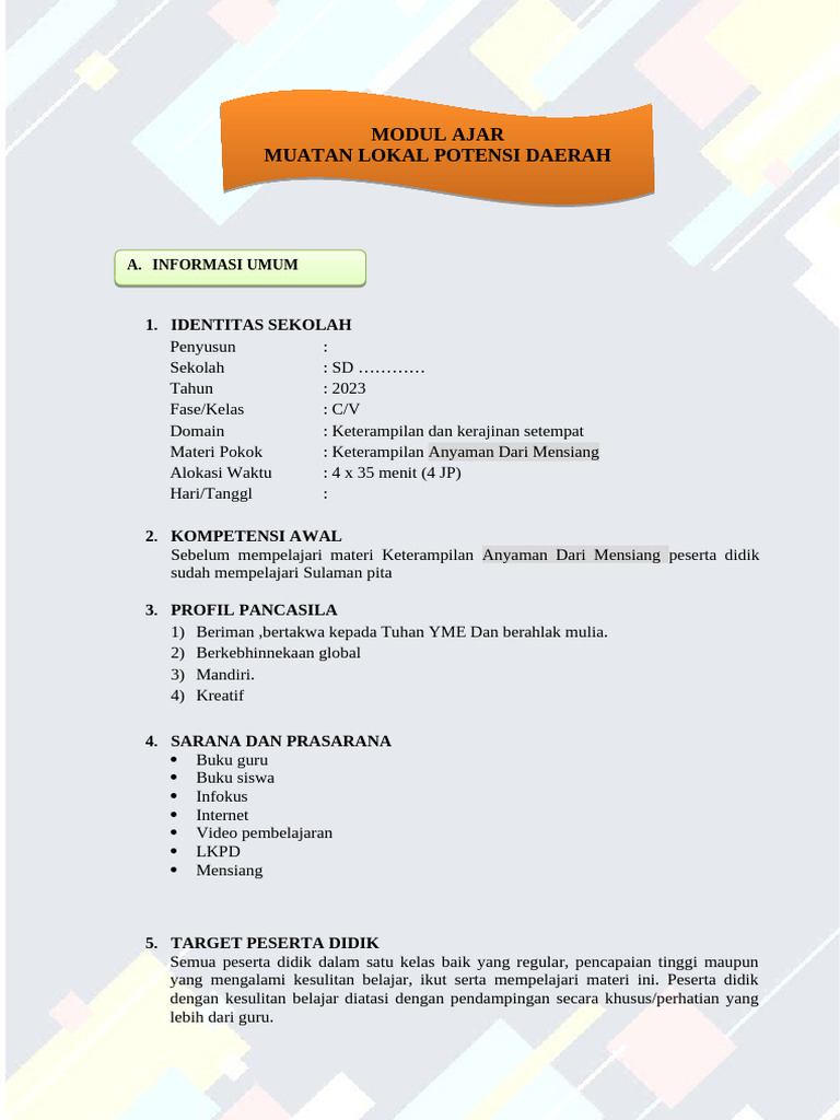Modul Ajar Anyaman Mensiang | PDF