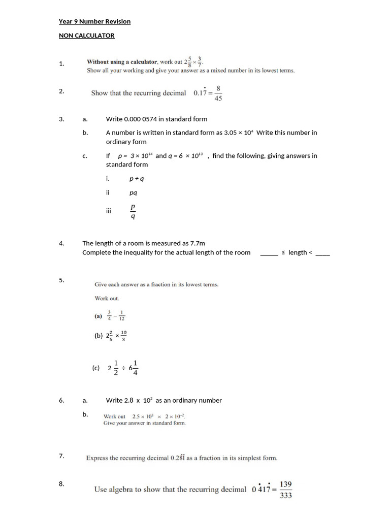 Year 9 Revision Sheet - 2024 Monday | PDF