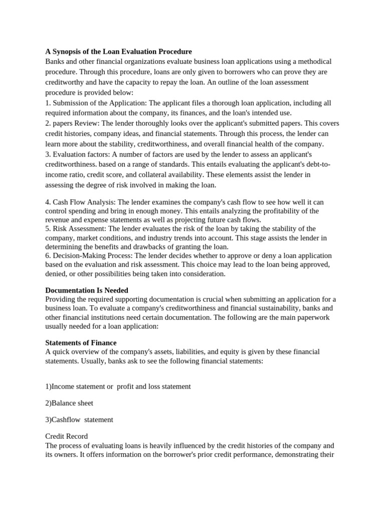 Business Loan Evaluation Process | PDF | Finance & Money Management ...