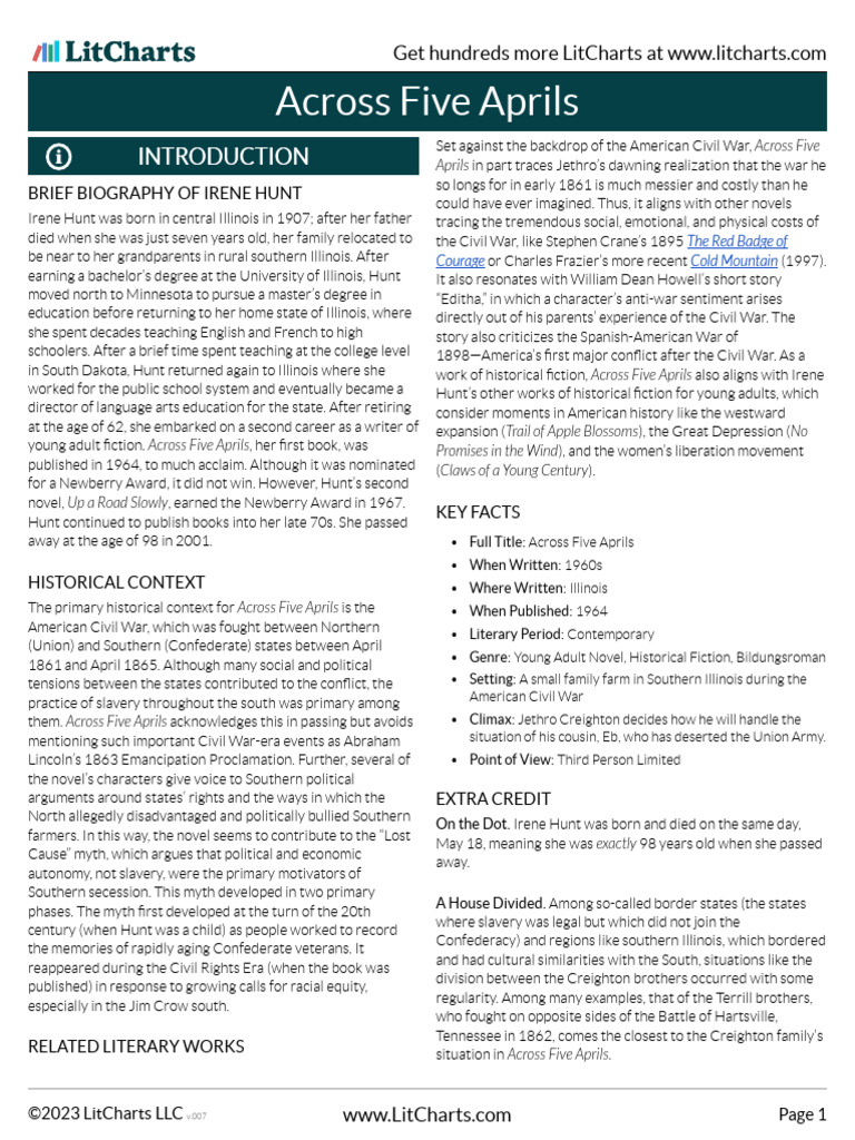 Across Five Aprils LitChart | PDF | Union (American Civil War ...