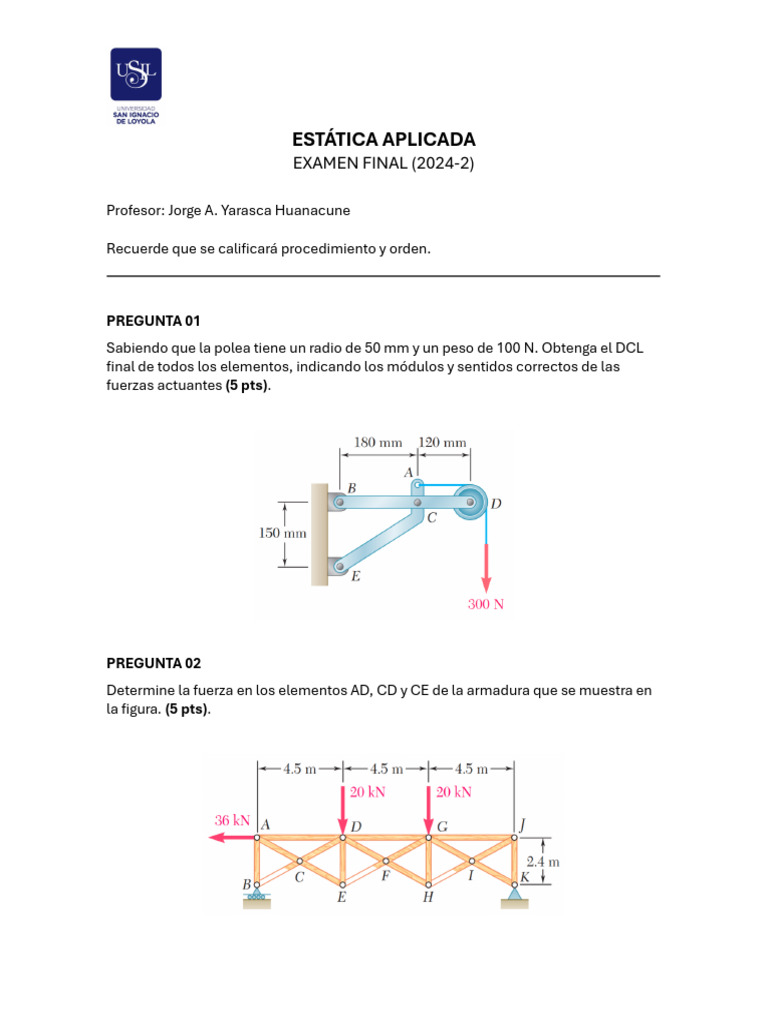 Estática Aplicada: EXAMEN FINAL (2024-2) | PDF
