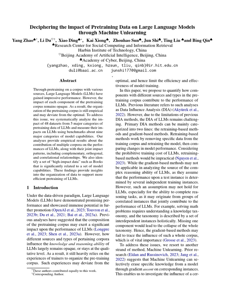 Deciphering The Lmpact of Pretraining Data On Large Language Models Through Machine Unlearning ...