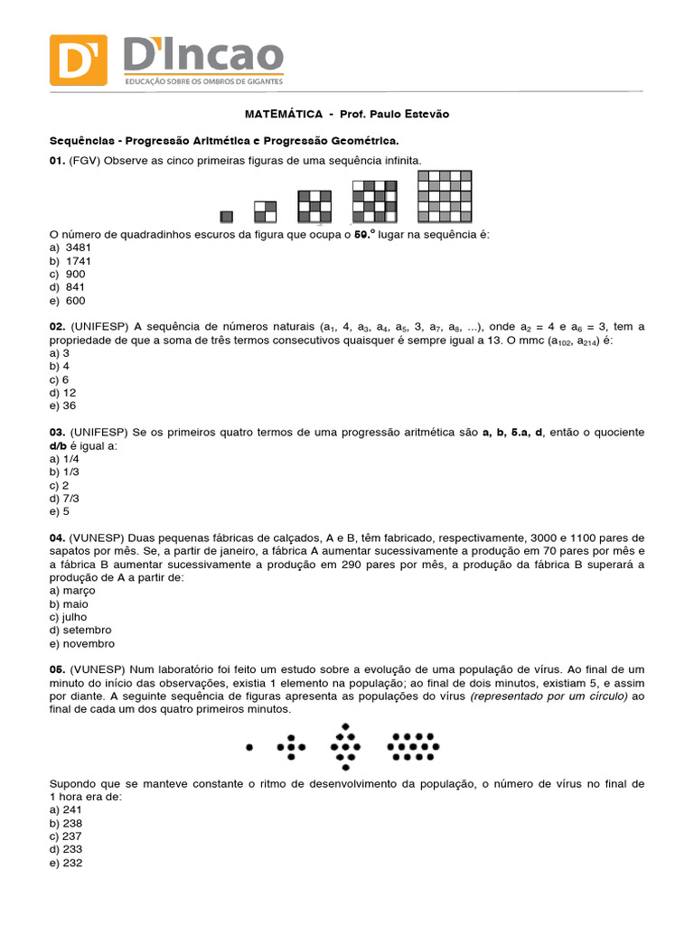 Simulado de P.A e PG - 19 Exercicios Com Gabarito | PDF | Triângulo | Sequência