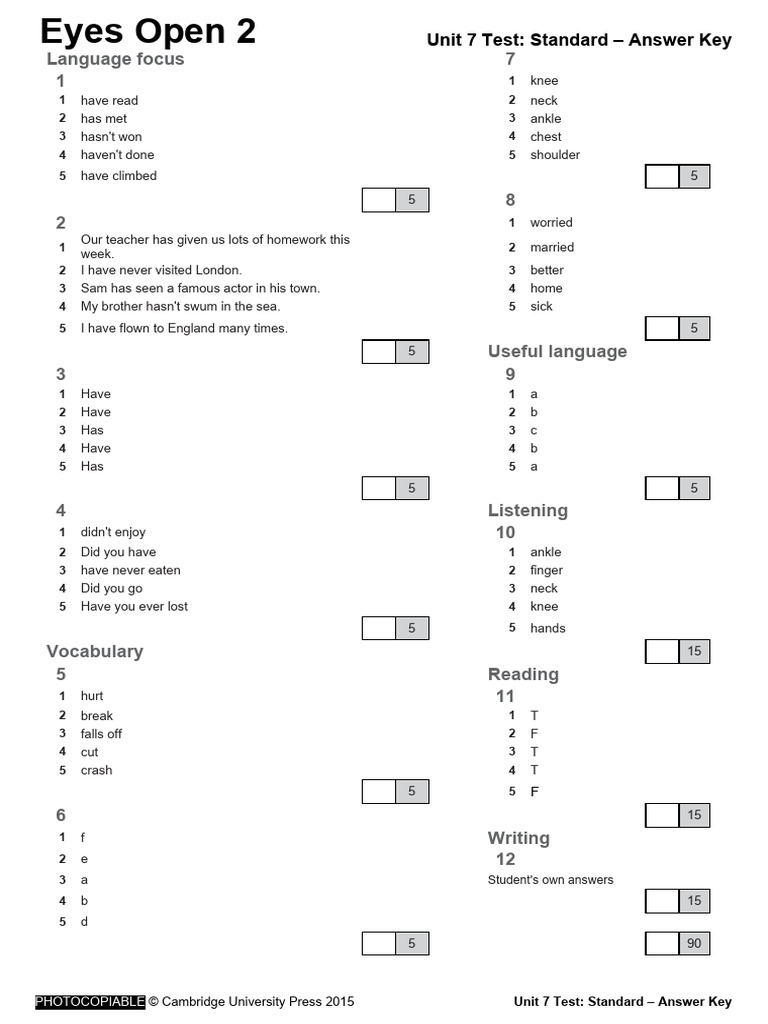 Unit 7 Answer Key: Eyes Open 2 | PDF