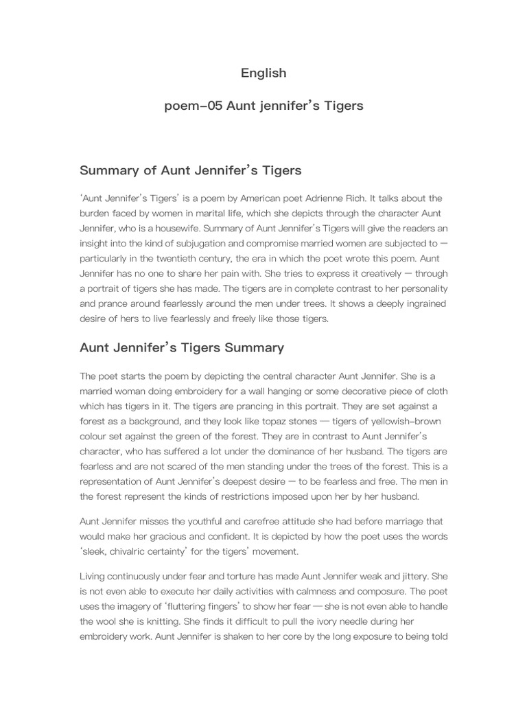 CBSE Class 12: Aunt Jennifer's Tigers | PDF