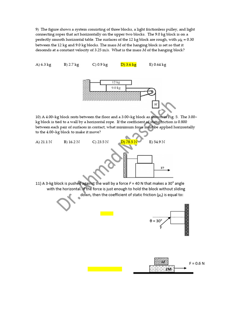 Static Friction Problems Key Phs105 Fall24 | PDF