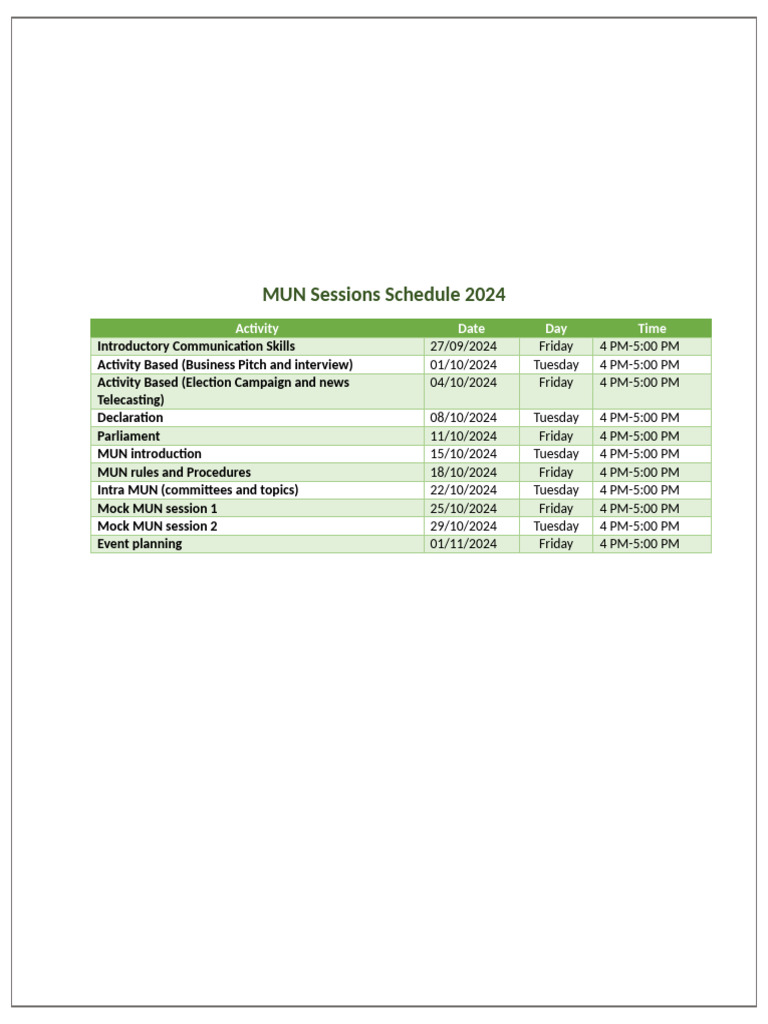 MUN Sessions Schedule 2024 | PDF
