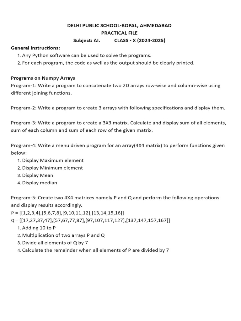 Practical File5 Class 10 Ai Python Numpyarray Pdf