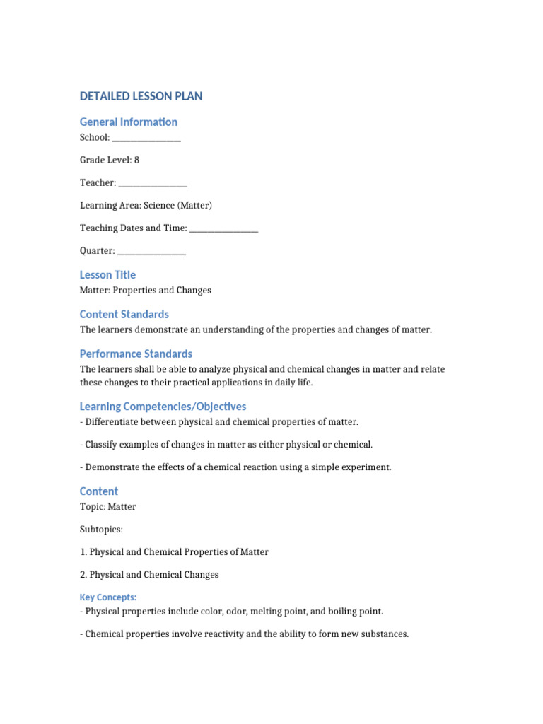 Grade8 Lesson Plan Matter | PDF | Chemical Substances | Lesson Plan
