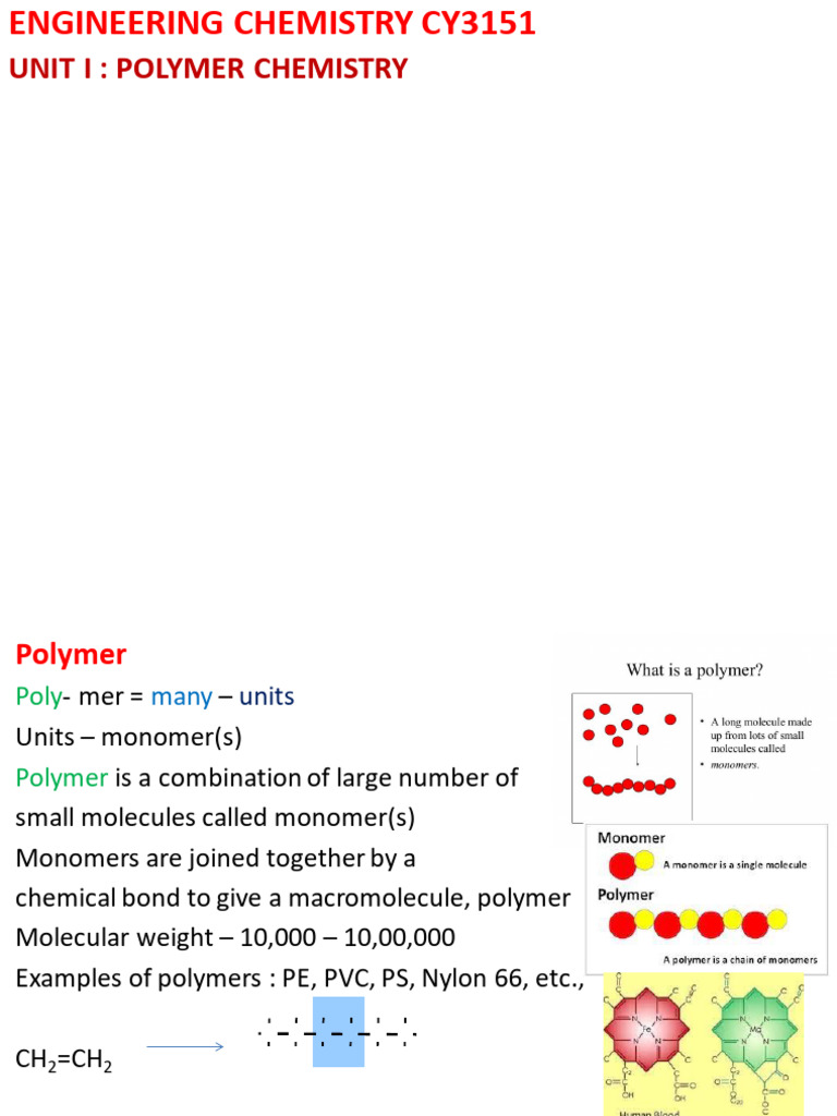 Unit I - Polymer Chemistry | PDF | Polymers | Polymerization