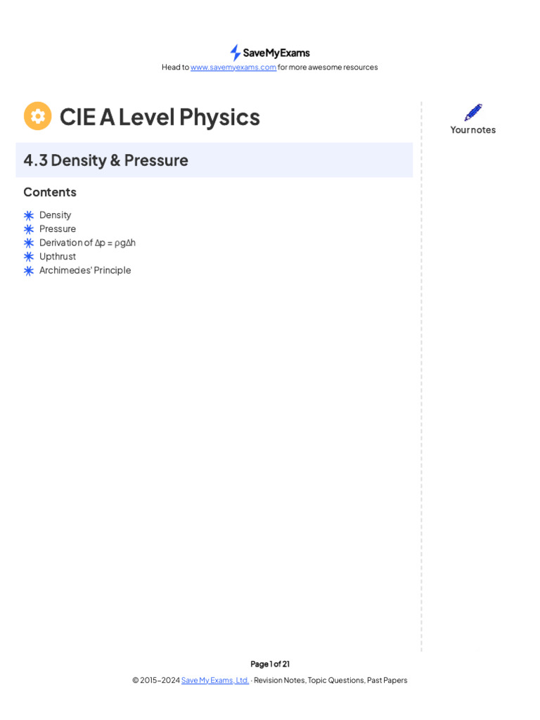 Density and Pressure Notes Sme | PDF | Buoyancy | Pressure