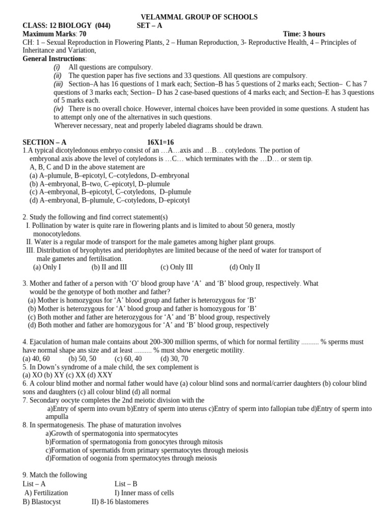 XII BIO first ct SET- A QP STUDENT COPY | PDF | Meiosis | Sperm