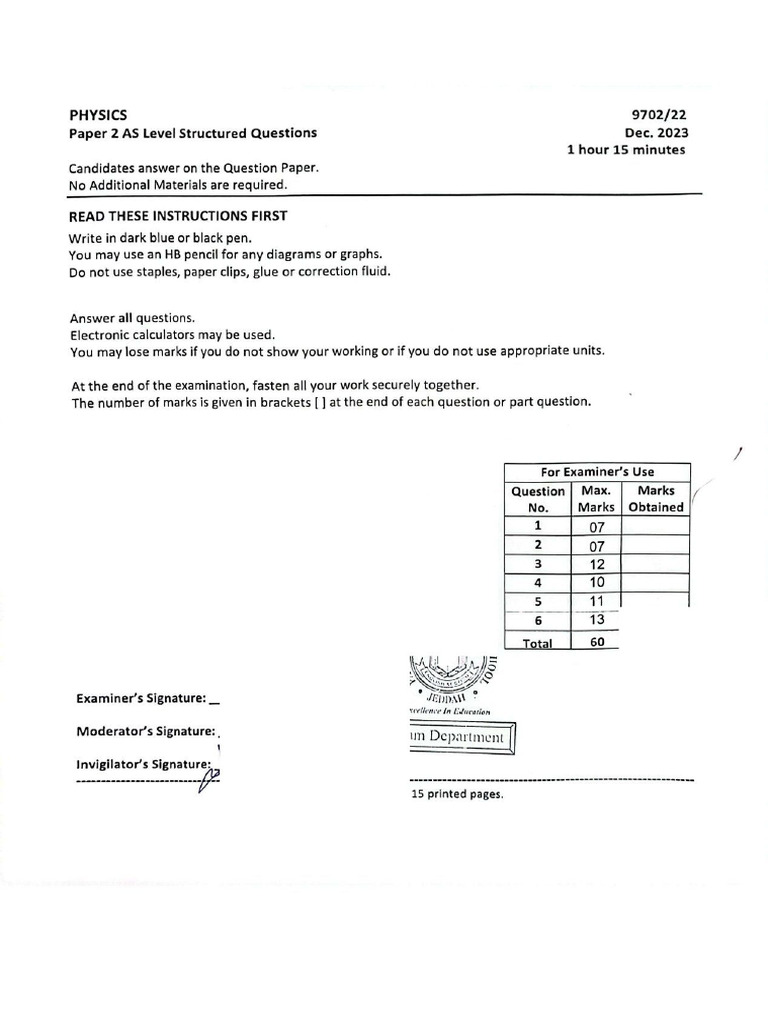 Physics P2 Unsolved - Session 2023-2024 | PDF