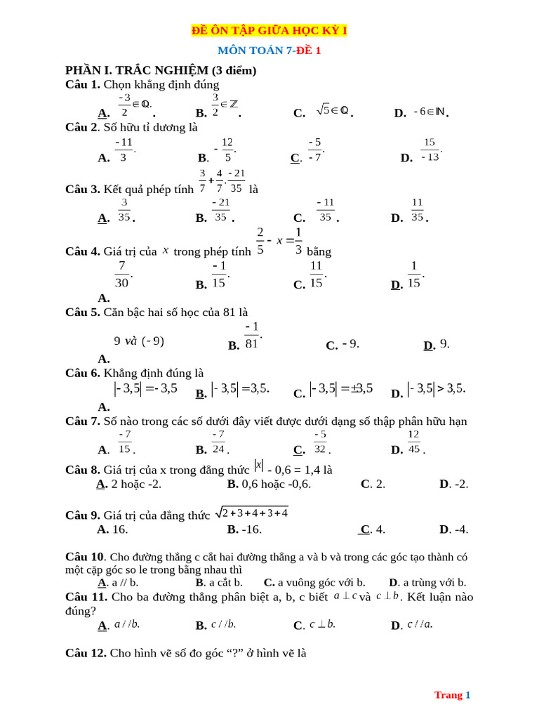 20 de Thi Giua HK1 Toan 7 | PDF