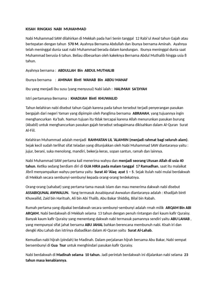 Kisah Ringkas Nabi Muhammad | PDF