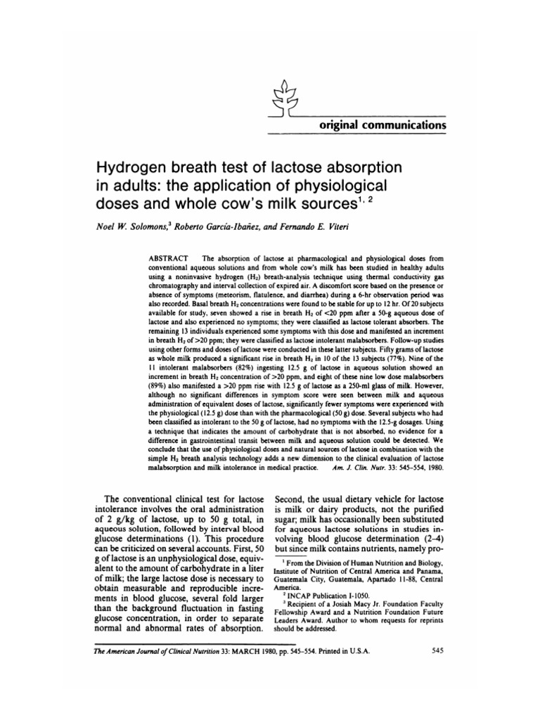 Hydrogen Breath Test for Lactose Absorption | PDF | Milk | Dose ...