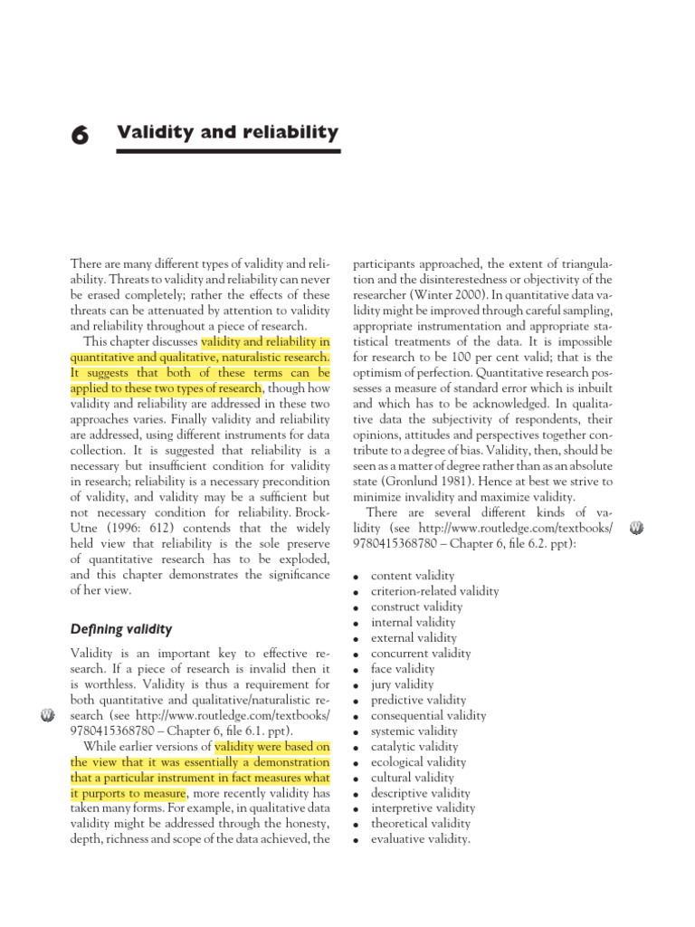 Chapter6 - Validity and Reliability | PDF | Validity (Statistics) | Methodology