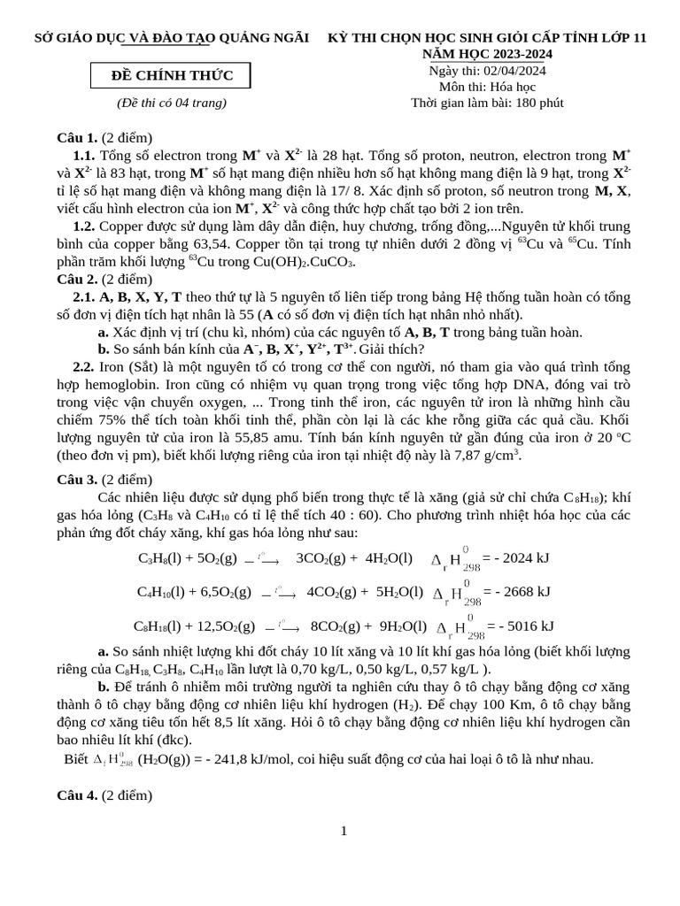 Đề thi HSG cấp tỉnh lớp 11 NH 2023 - 2024 | PDF