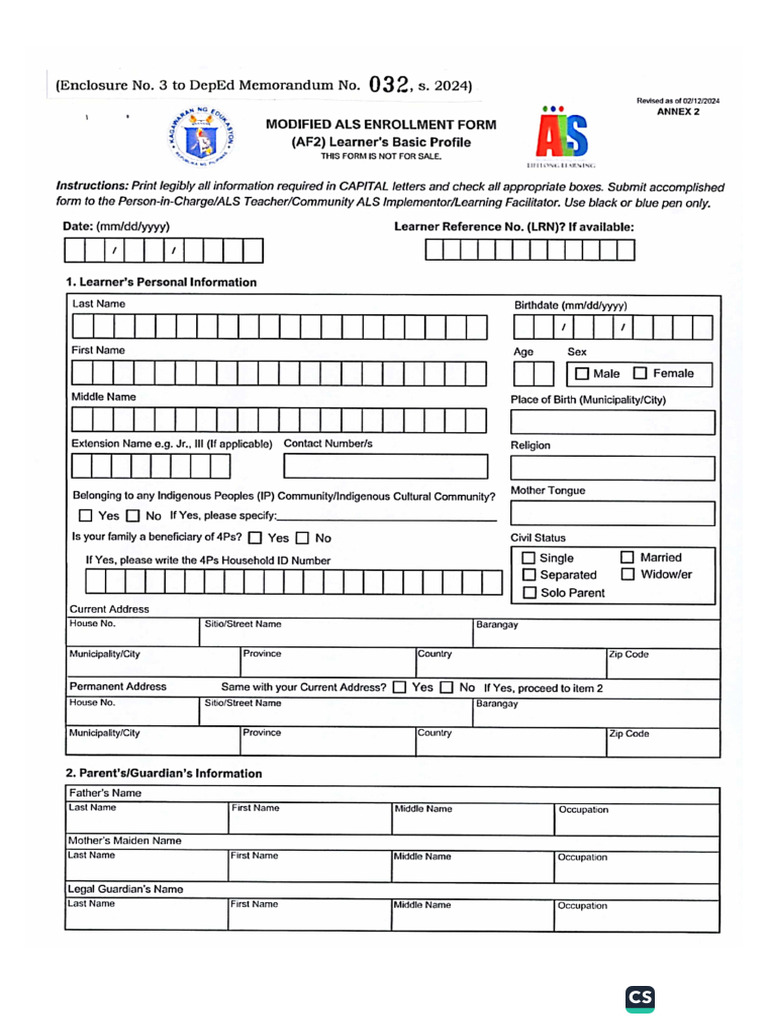 ALS MODIFIED ENROLMENT Form 2024 | PDF