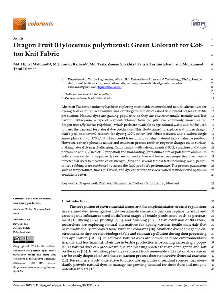Dragon Fruit (Hylocereus Polyrhizus) Green Colorant For Cotton Knit Fabric | PDF | Dyeing | Dye