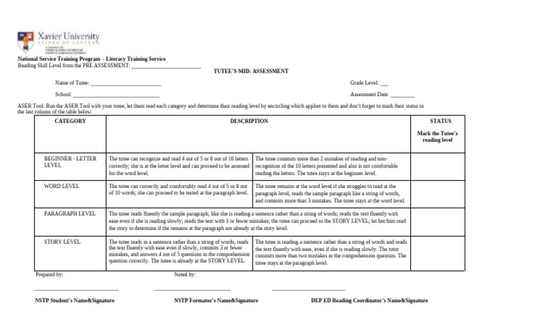 Mid Assessment Form | PDF | Reading Comprehension | Learning