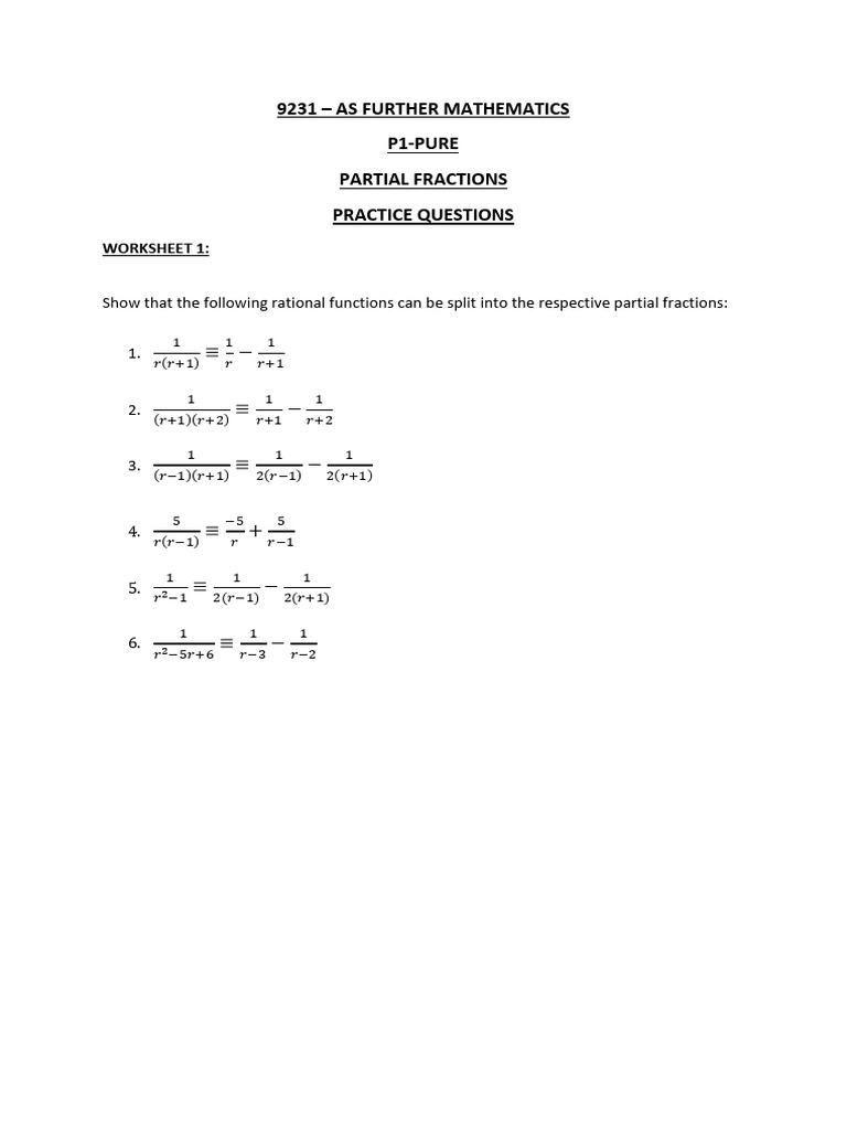 9231 - P1 - Partial Fractions - Worksheet | PDF